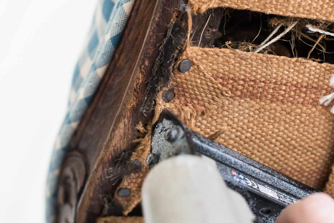 fixing the bottom of an upholstered chair | Miss Mustard Seed