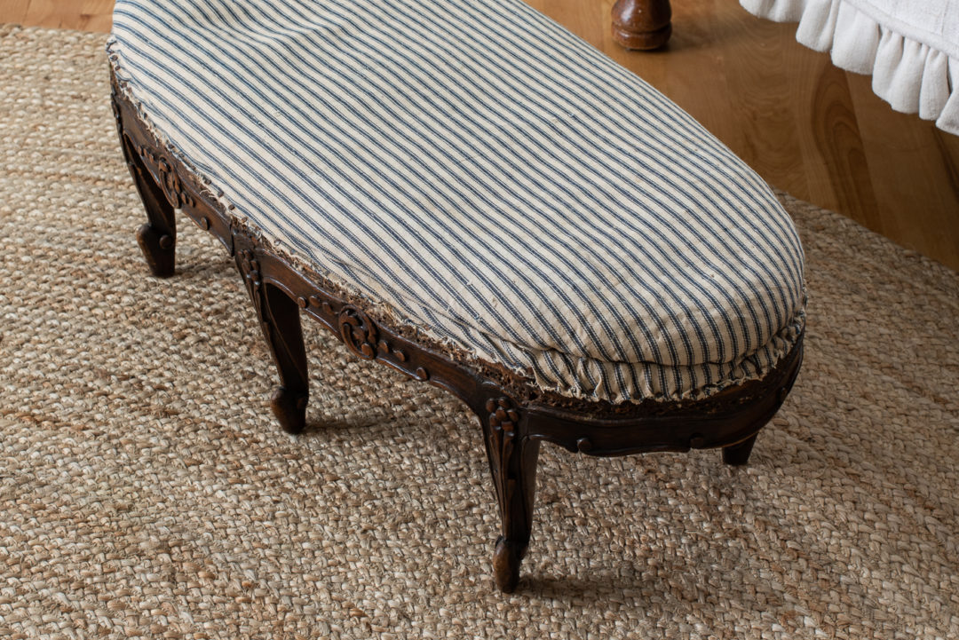 easy ticking footstool makeover | Miss Mustard Seed