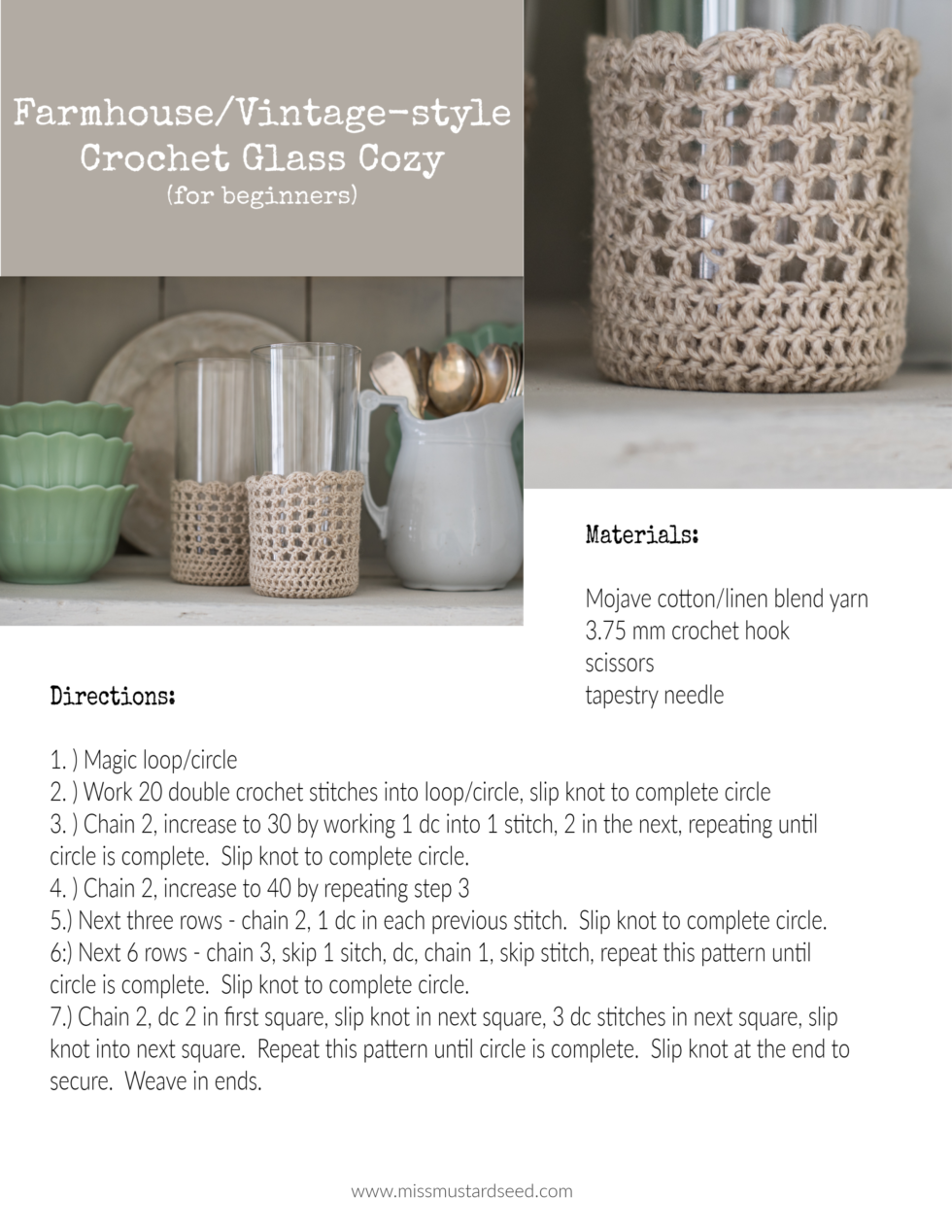 Crochet Glass Cozy Pattern | Miss Mustard Seed